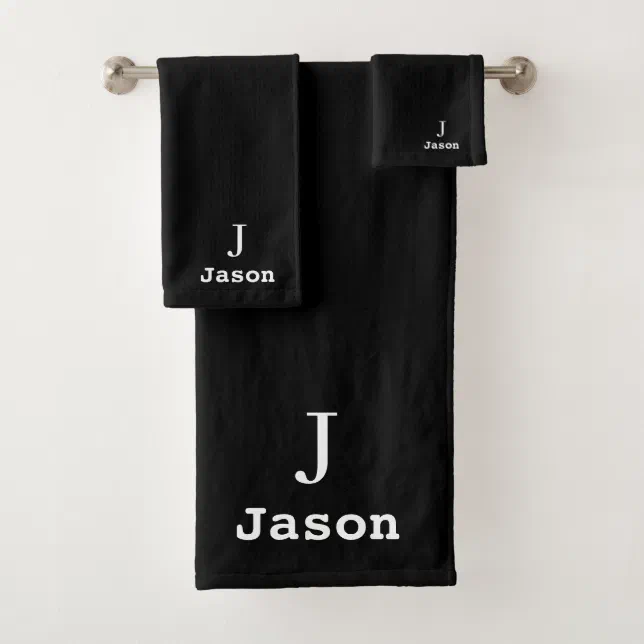 Elegant Monogram Initial Name Personalized Black Bath Towel Set | Zazzle