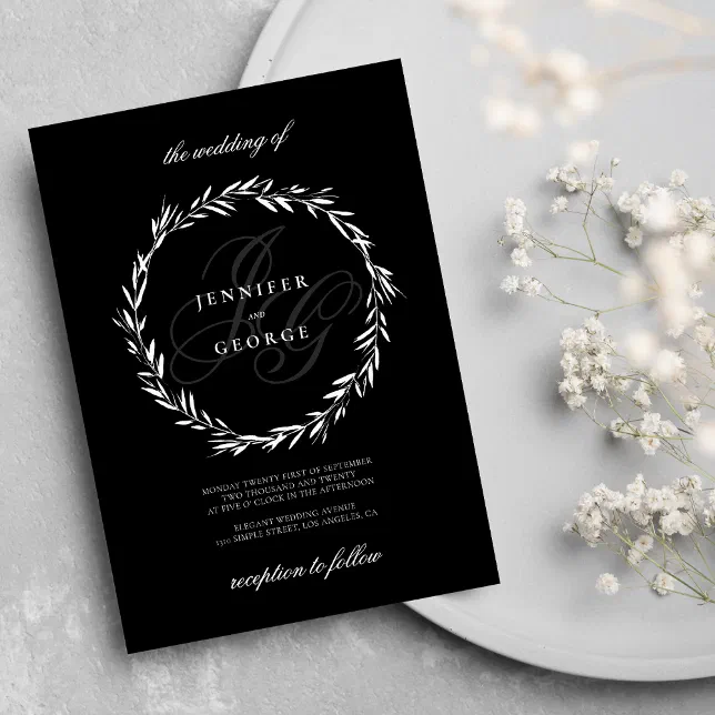 Elegant monogram initials black white Wedding Invitation | Zazzle