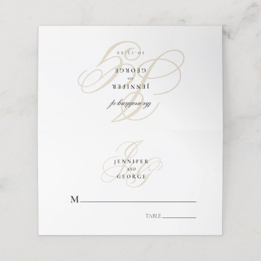 Elegant monogram initials white gold wedding place card | Zazzle