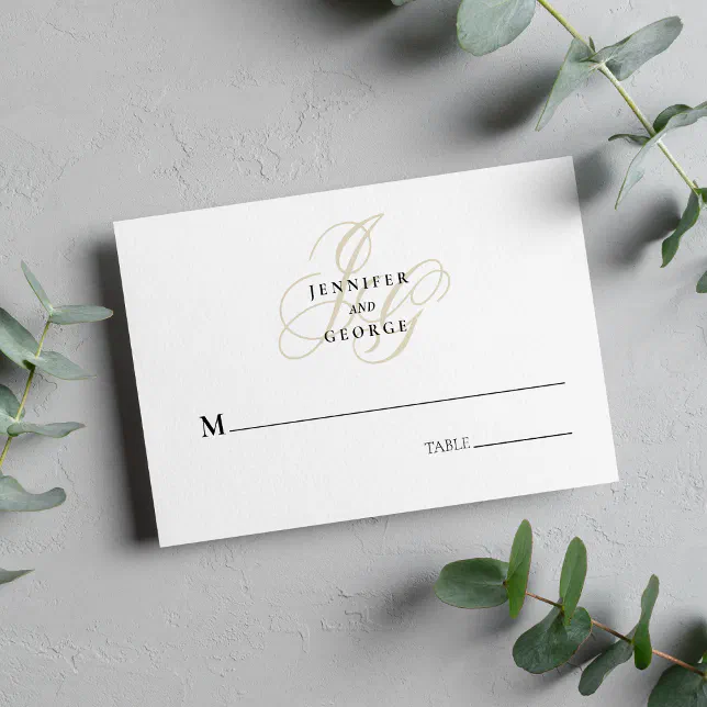 Elegant monogram initials white gold wedding place card | Zazzle
