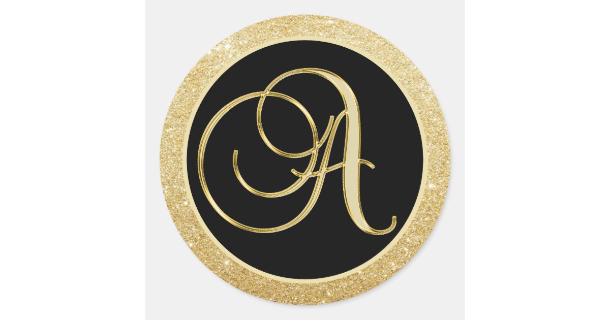 Elegant Monogram Letter A Black Gold Glitter Seals | Zazzle