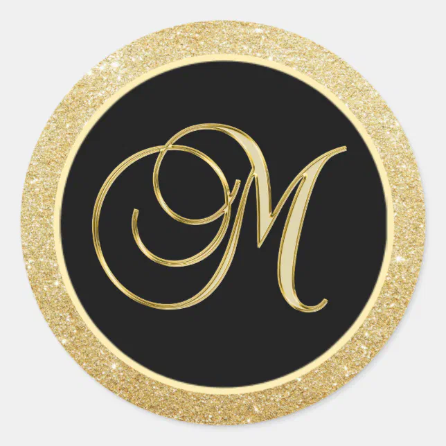 Elegant Monogram Letter M Black Gold Glitter Seals | Zazzle