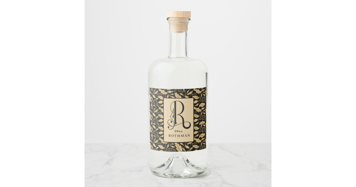 Elegant Monogram Letter R, Black & Gold Leaf Liquor Bottle Label | Zazzle