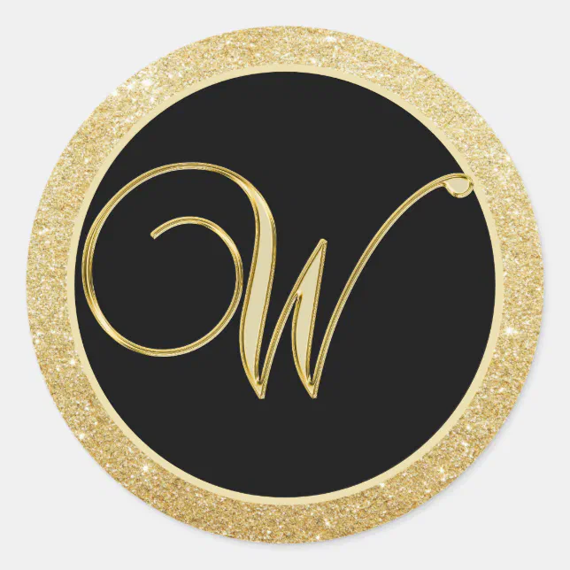 Elegant Monogram Letter W Black Gold Glitter Seals | Zazzle