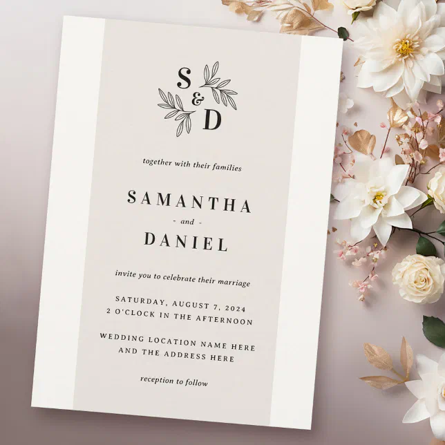 Elegant monogram light tan neutral ivory wedding invitation | Zazzle