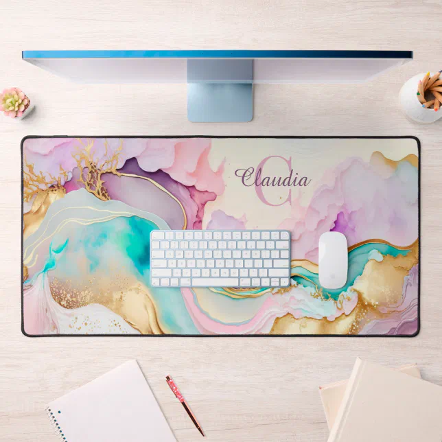 Elegant Monogram Marble Liquid Ink Desk Mat | Zazzle