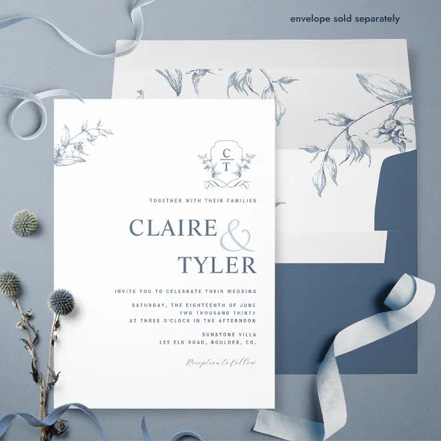 Elegant Monogram Modern Minimal Blue Wedding Invit Invitation | Zazzle