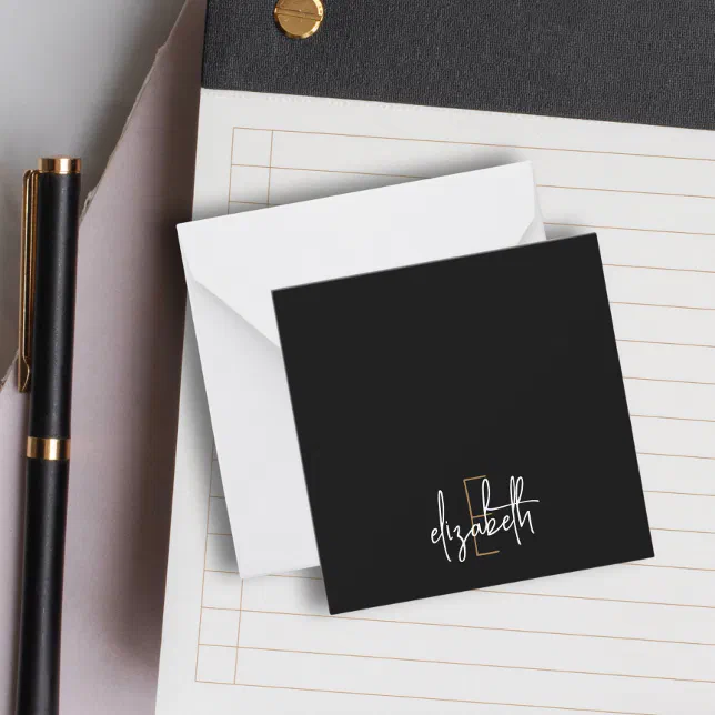 Elegant Monogram Name Black Gold Script Note Card | Zazzle