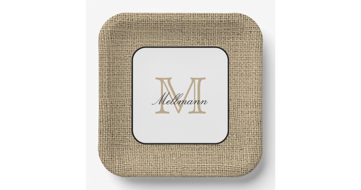 Elegant Monogram Name Chic Farmhouse Style Burlap Paper Plates | Zazzle