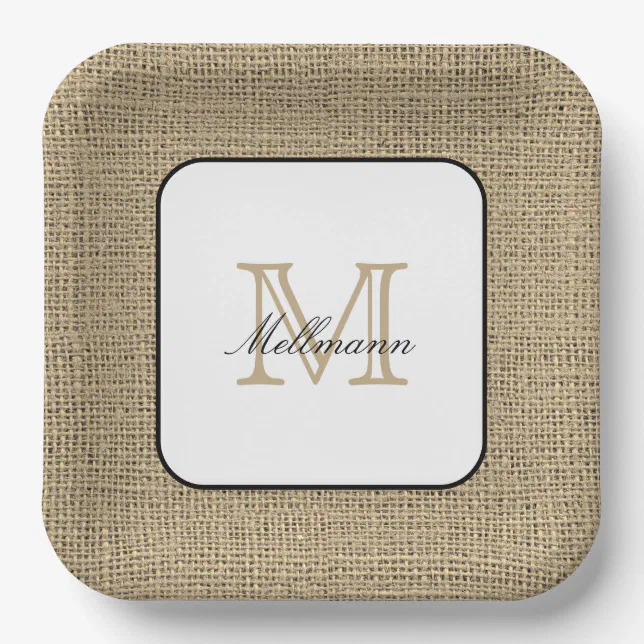 Elegant Monogram Name Chic Farmhouse Style Burlap Paper Plates | Zazzle