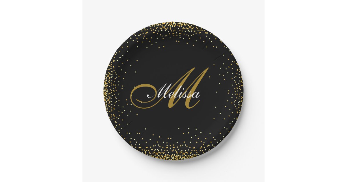 elegant monogram name gold glitter black paper plates | Zazzle