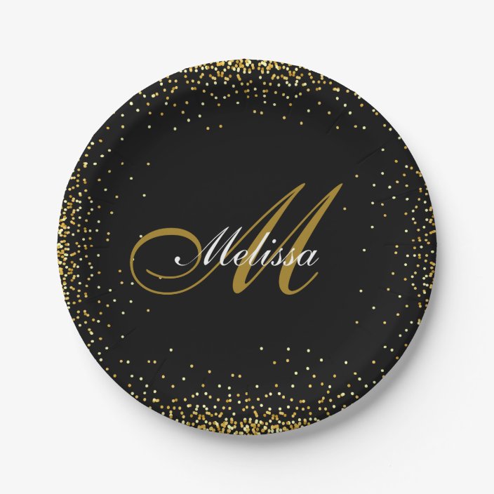 elegant monogram name gold glitter black paper plates | Zazzle