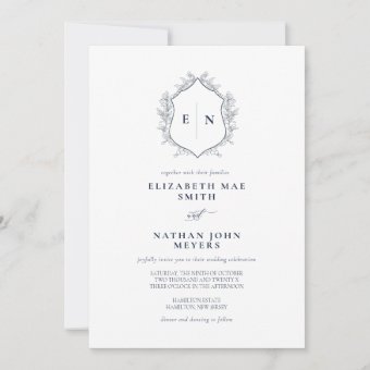 Elegant Monogram Navy Blue Formal Wedding Invitation | Zazzle