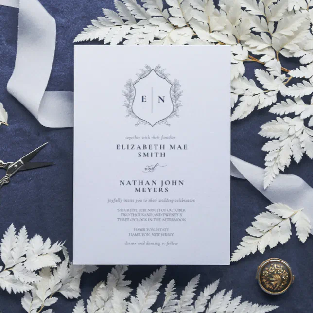 Elegant Monogram Navy Blue Formal Wedding Invitation | Zazzle
