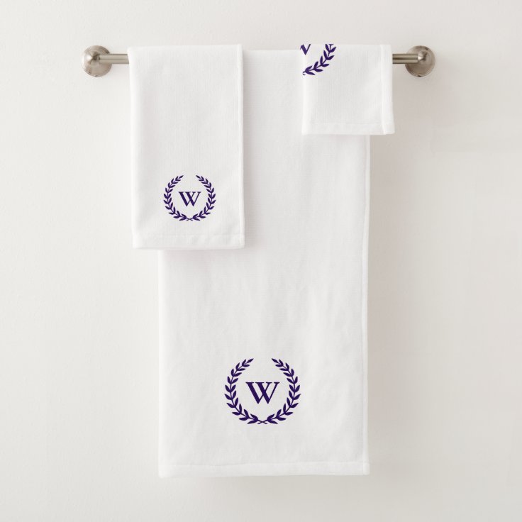 Elegant Monogram Navy Blue On White Towel Set | Zazzle