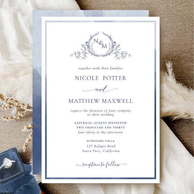 Elegant Monogram Navy Blue Watercolor Wedding Invitation | Zazzle
