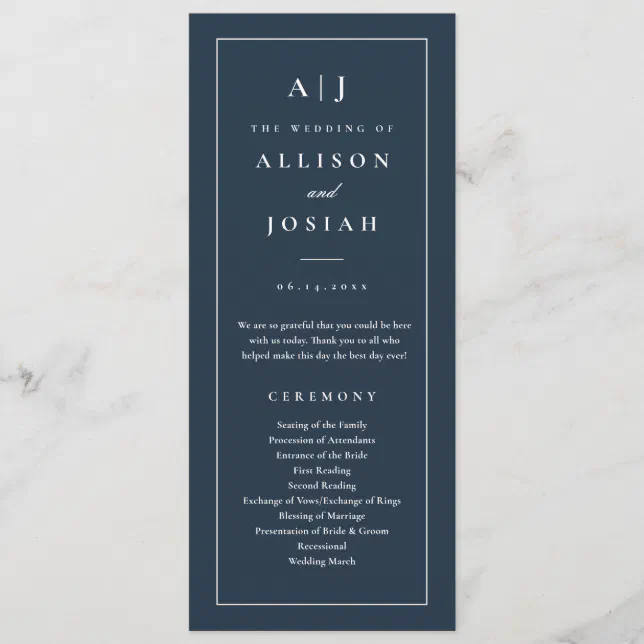 Elegant Monogram Navy Blue Wedding Program | Zazzle