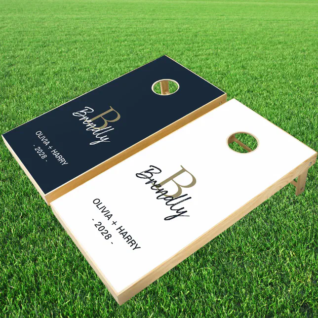 Elegant Monogram Navy Blue White Cornhole Set | Zazzle