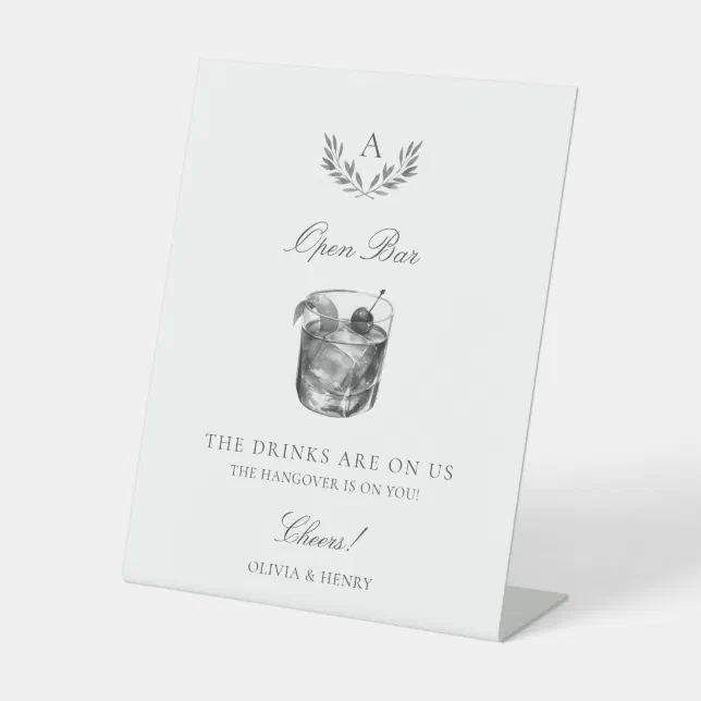 Elegant Monogram Open Bar Wedding Pedestal Sign | Zazzle