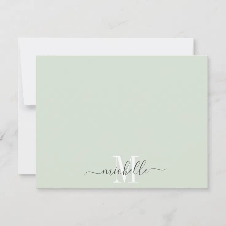 Elegant Monogram Pastel Green White Script Name Note Card | Zazzle