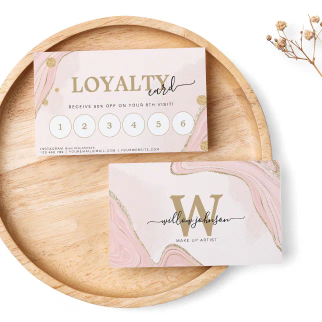 Elegant Monogram Pink Gold Glitter Marble Agate Loyalty Card | Zazzle