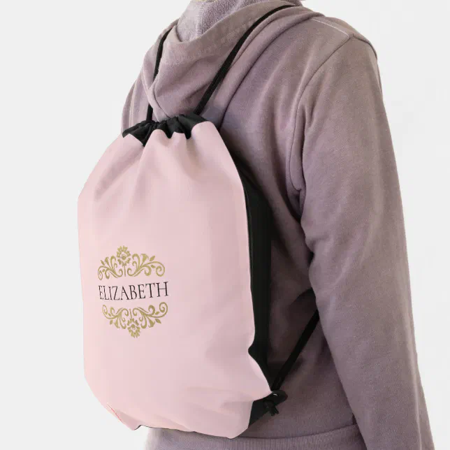 Elegant Monogram Pink Gold School Drawstring Bag | Zazzle