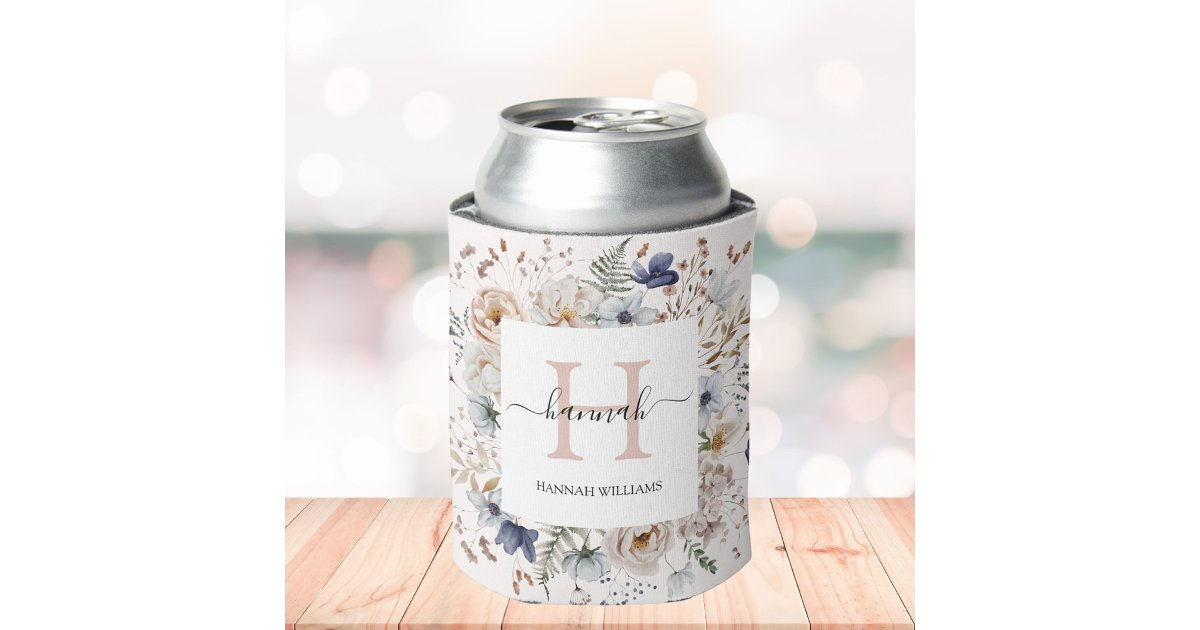Elegant Monogram Pretty Beige Blue Flowers Floral Can Cooler | Zazzle