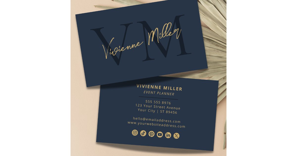 Elegant Monogram Professional Navy Blue Gold Business Card | Zazzle