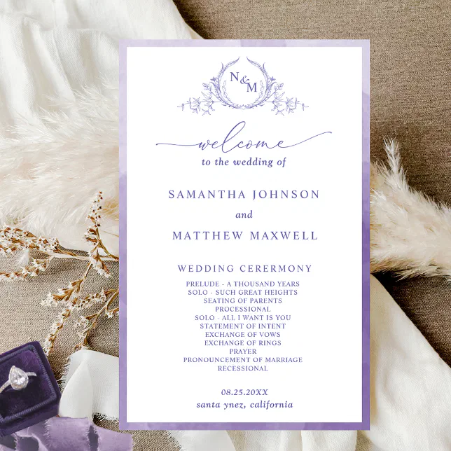 Elegant Monogram Purple Wedding Program | Zazzle