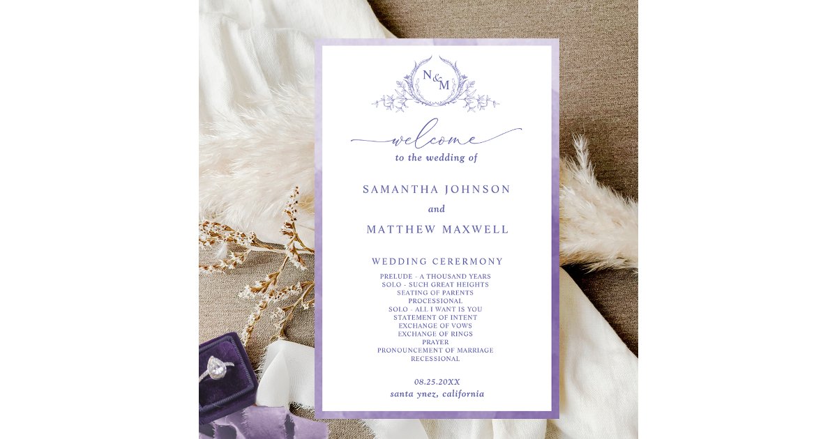 Elegant Monogram Purple Wedding Program | Zazzle