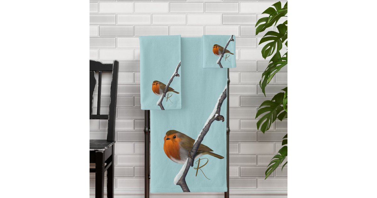 Elegant Monogram Robin Bird Blue Bath Towel Set | Zazzle