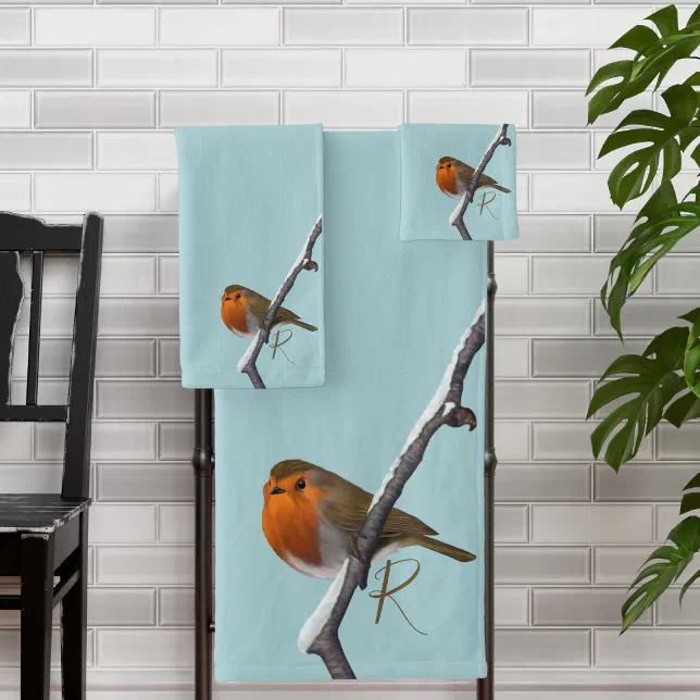 Elegant Monogram Robin Bird Blue Bath Towel Set | Zazzle