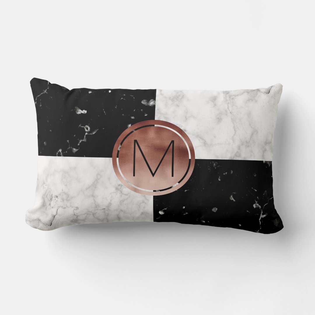 Elegant monogram rose gold black white marble lumbar pillow | Zazzle