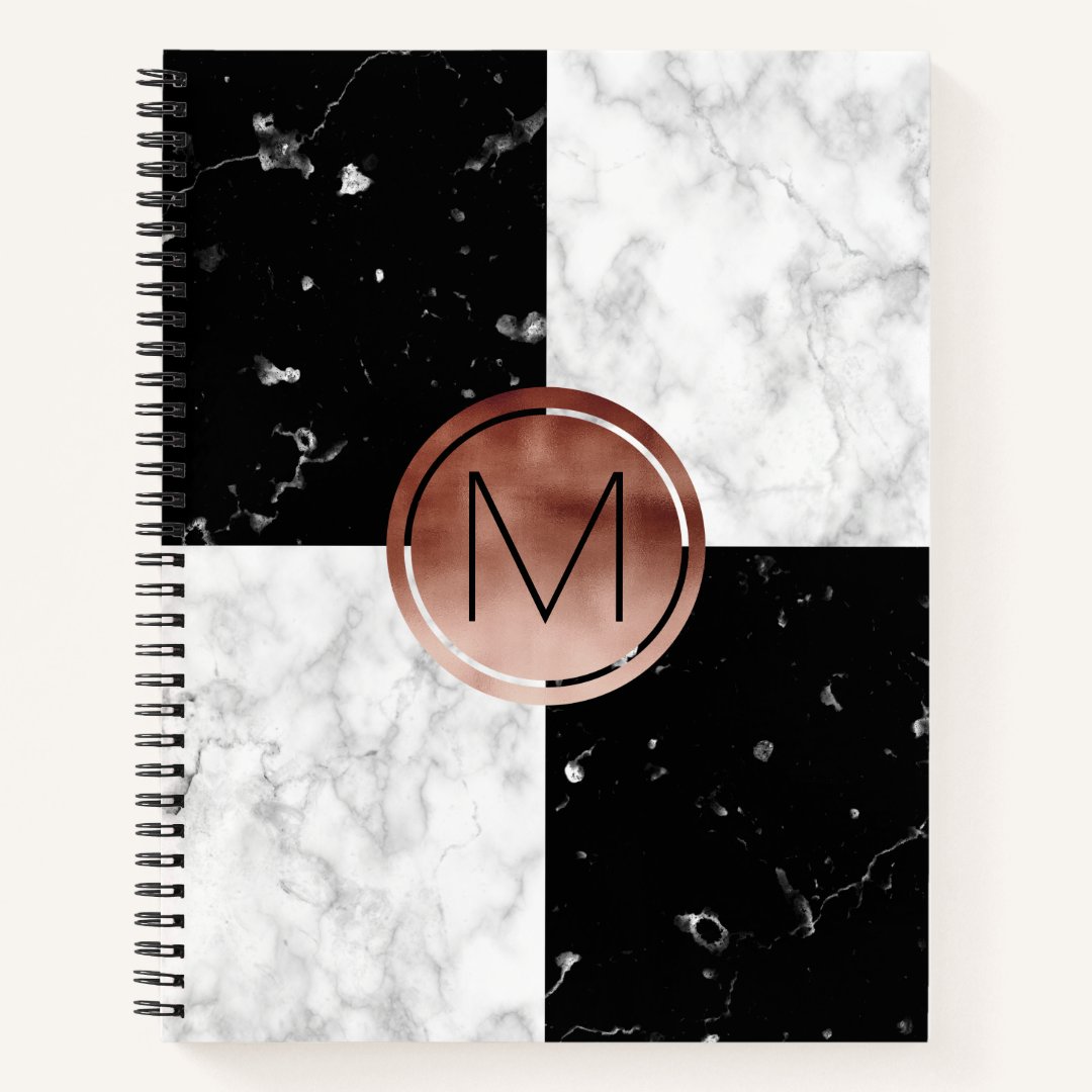 Elegant monogram rose gold black white marble notebook | Zazzle