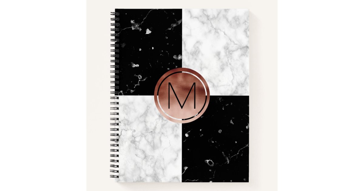 Elegant monogram rose gold black white marble notebook | Zazzle