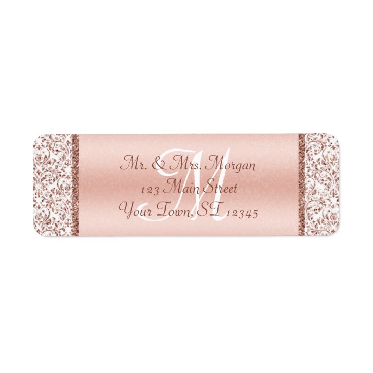 Elegant Monogram Rose Gold Damask Wedding Label | Zazzle