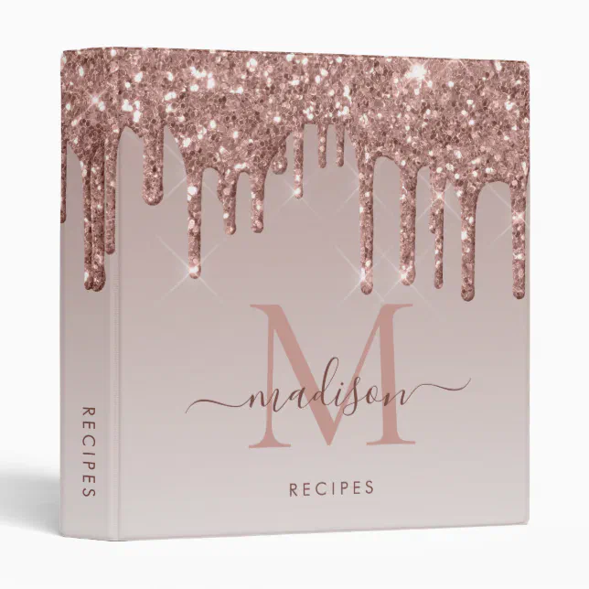 Elegant Monogram Rose Gold Glitter Drips Sparkle 3 Ring Binder | Zazzle