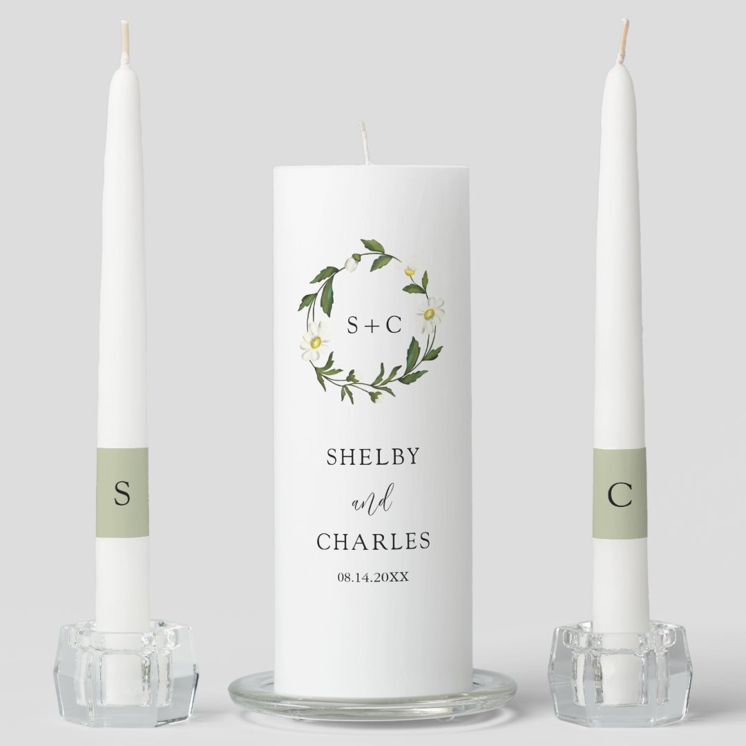 Elegant Monogram Simple White Daisy Floral Wedding Unity Candle Set ...