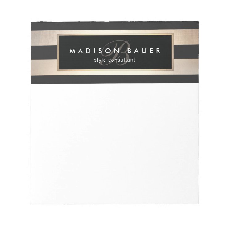Elegant Monogram Striped Black and Gold Notepad | Zazzle