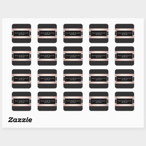 Elegant Monogram Striped Black and Rose Gold Square Sticker | Zazzle