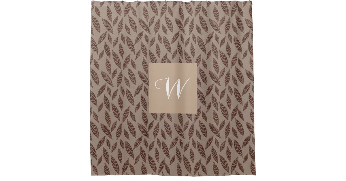 Elegant Monogram Tan & Cream Block Print Leaves Shower Curtain | Zazzle