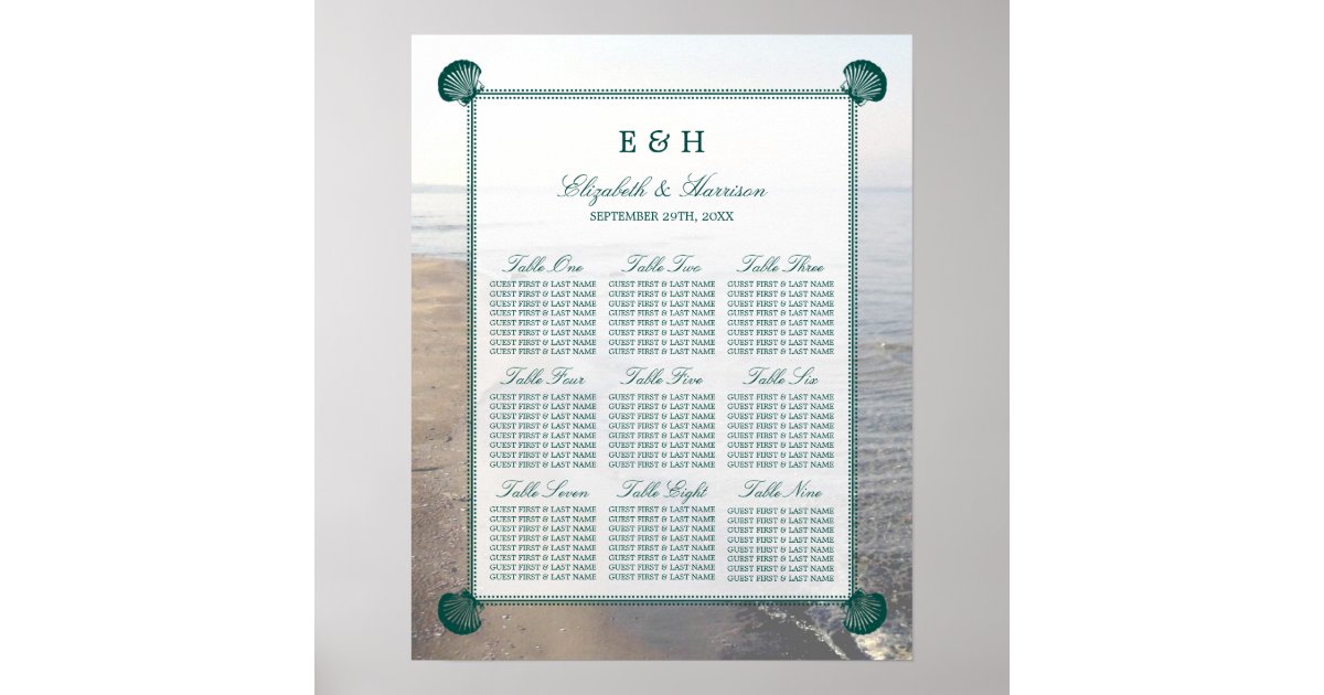 Elegant Monogram & Teal Scallop Beach Wedding Poster | Zazzle