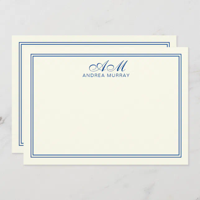 Elegant Monogram Two Border Navy Blue Ivory Note Card | Zazzle