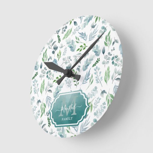 Elegant Monogram Watercolor Foliage Greenery Round Clock | Zazzle