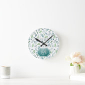 Elegant Monogram Watercolor Foliage Greenery Round Clock | Zazzle