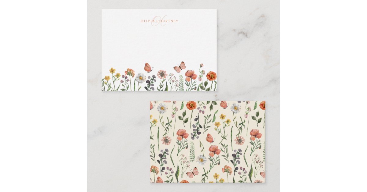 Elegant Monogram Watercolor Wildflower Floral Note Card | Zazzle