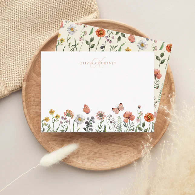 Elegant Monogram Watercolor Wildflower Floral Note Card | Zazzle