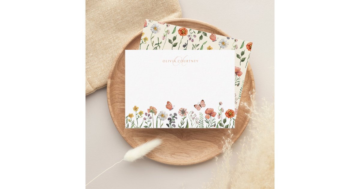 Elegant Monogram Watercolor Wildflower Floral Note Card | Zazzle