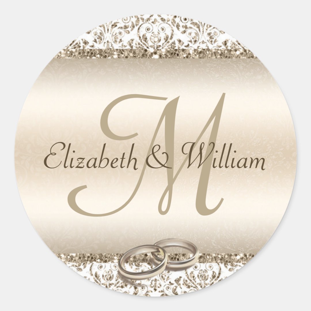 Elegant Monogram Wedding Champagne Metallic Classic Round Sticker | Zazzle