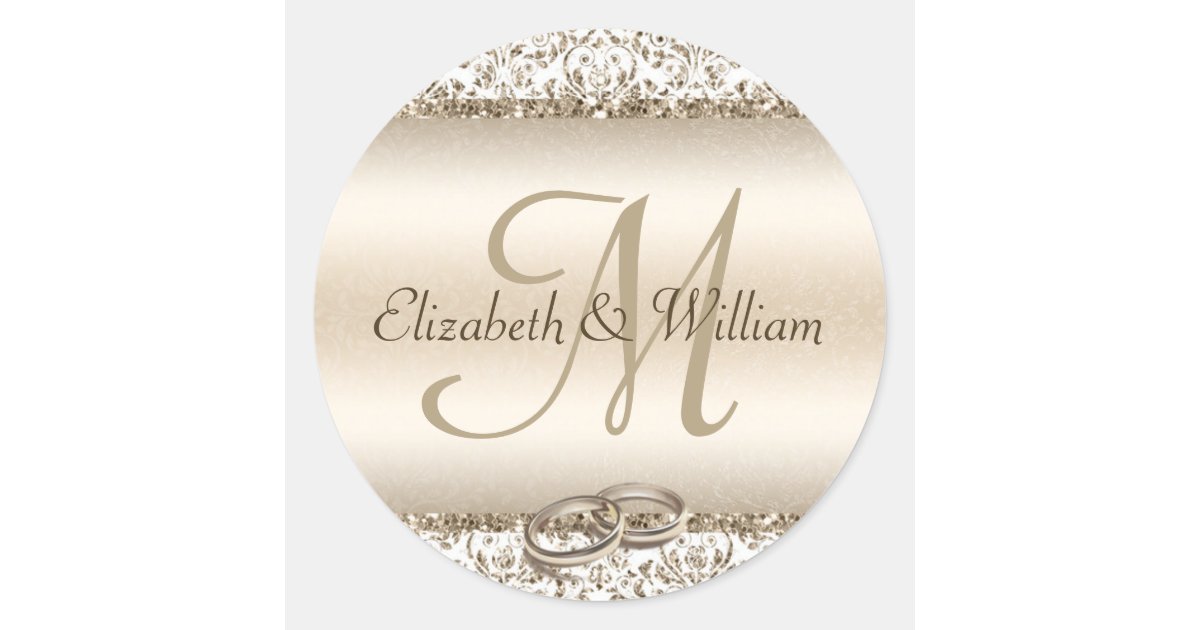 Elegant Monogram Wedding Champagne Metallic Classic Round Sticker | Zazzle